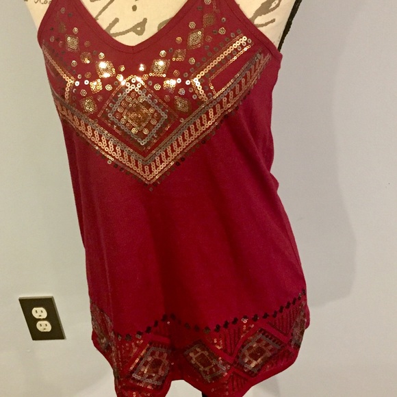 Tops | Red Sequin Aztec Tank Top | Poshmark